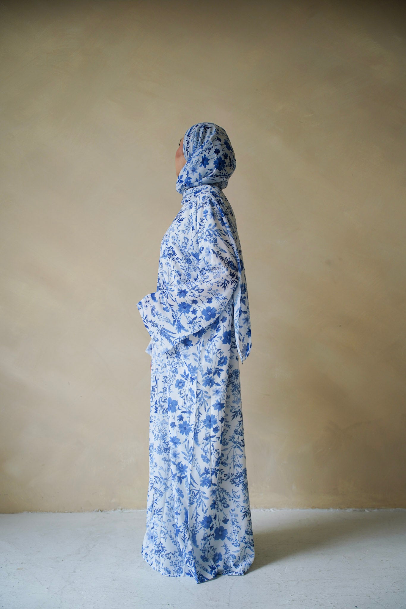 Sahar Blue 3-Piece Abaya Set | Floral Chiffon Abaya & Inner Dress ...